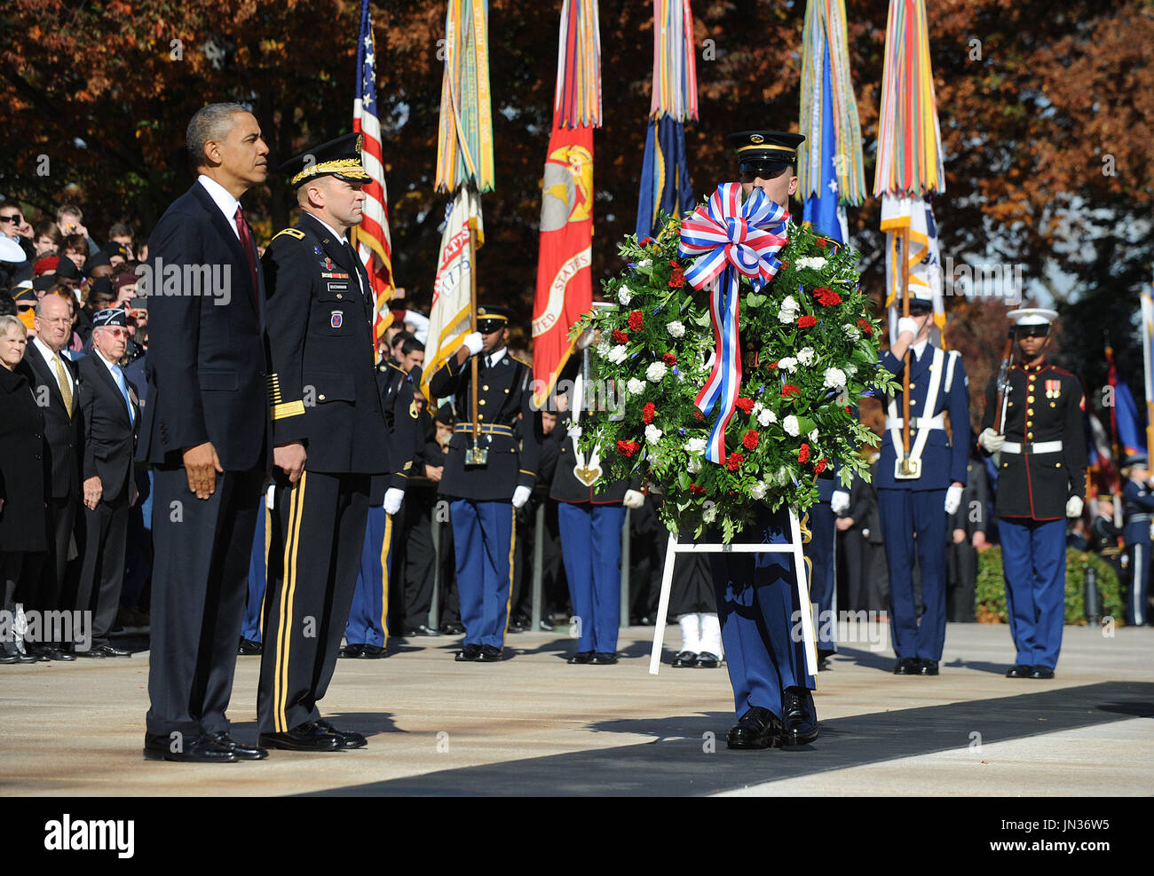 United States President Barack Obama positions a commemorative wreath ...
