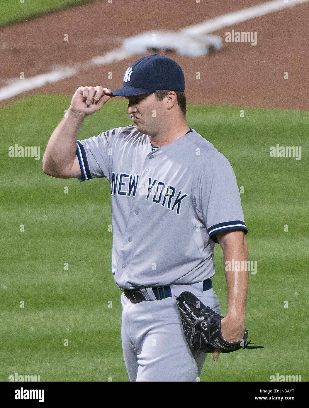 New York Yankees pitcher Adam Warren (43) tries to compose himself ...