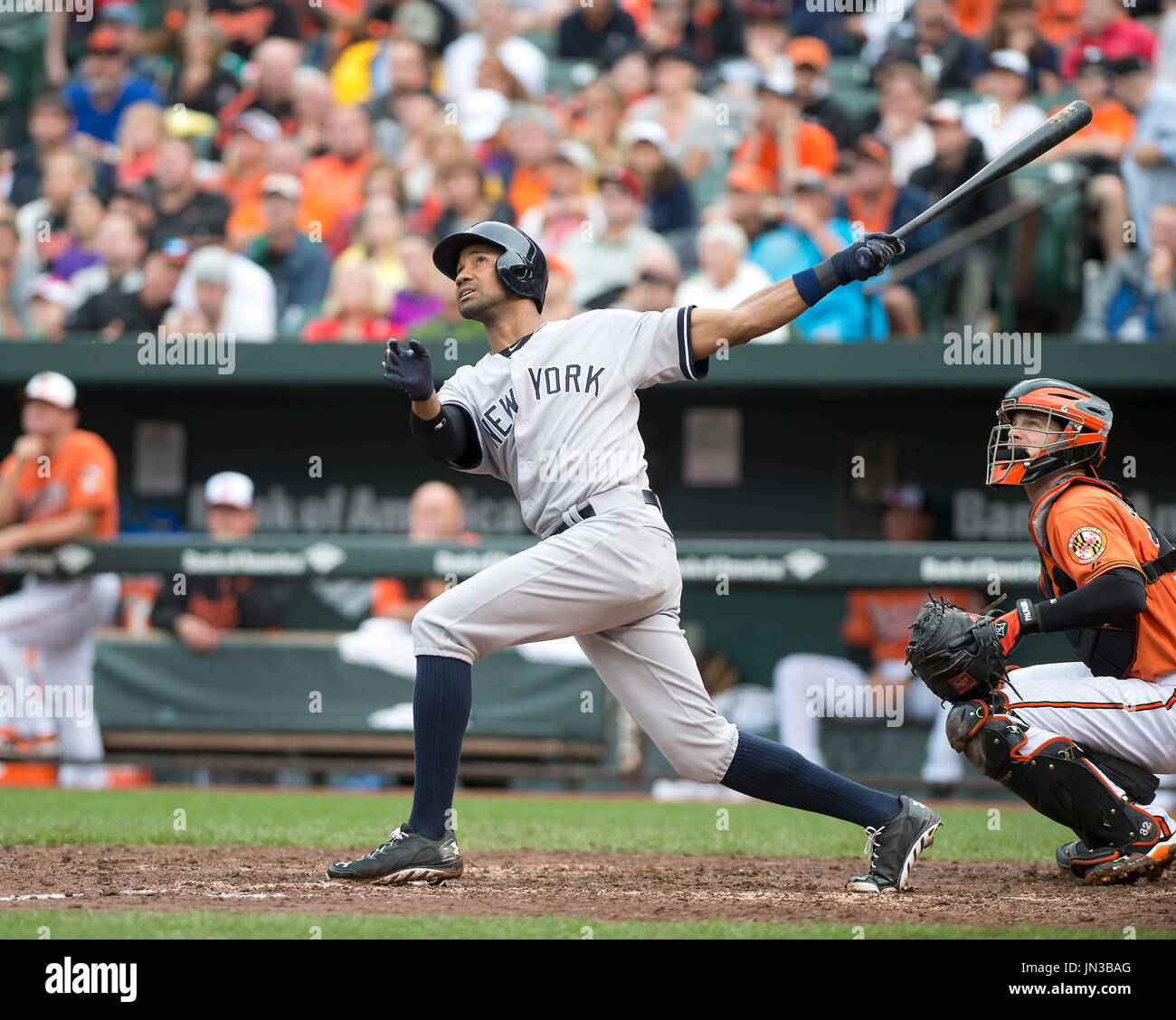New York Yankees left fielder Chris Young (24) flies out in the seventh ...