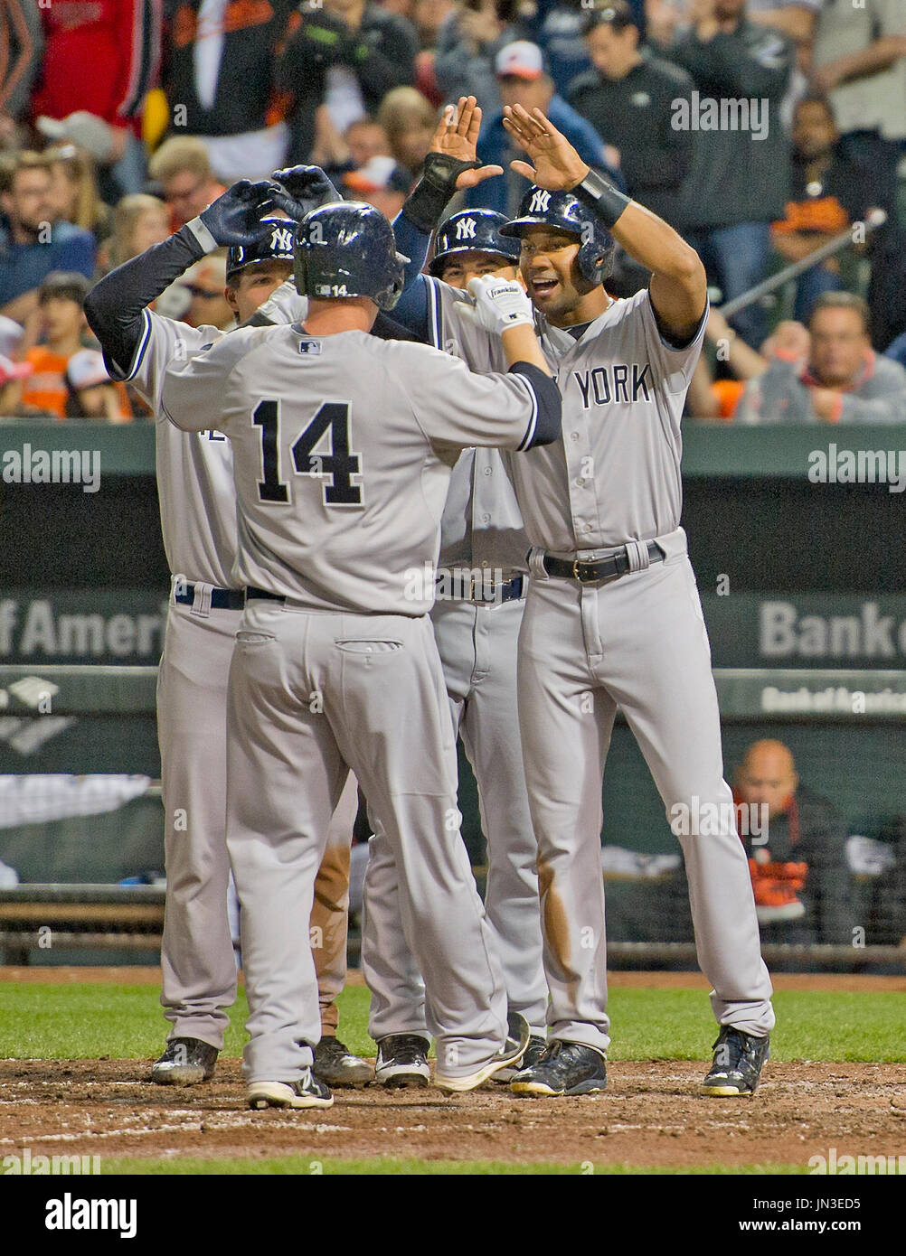 New York Yankees celebrate Stephen Drew's (14) grand slam in the 7th inning against the ...