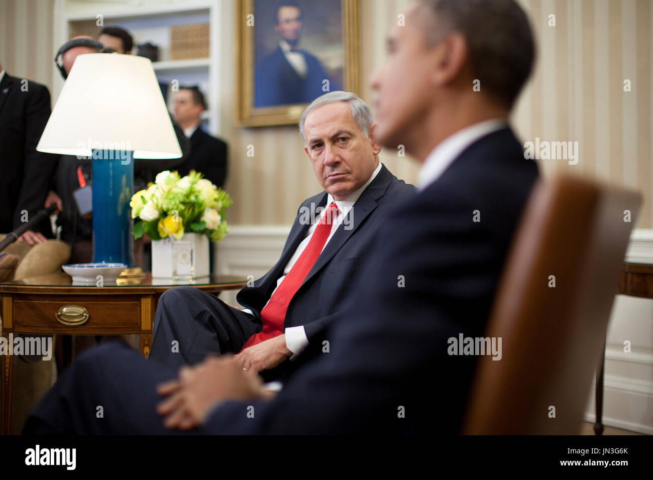 Prime Minister Benjamin Netanyahu of Israel, left, looks on as United ...
