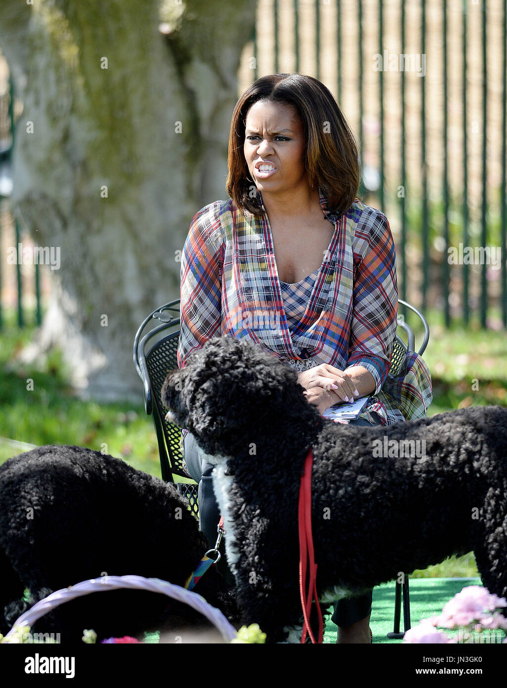United States first lady Michelle Obama with her dogs, Bo and Sunny ...