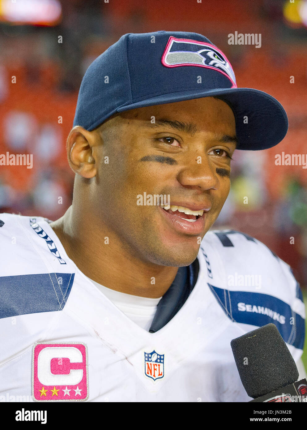 Seattle Seahawks quarterback Russell Wilson (3) is interviewed ...