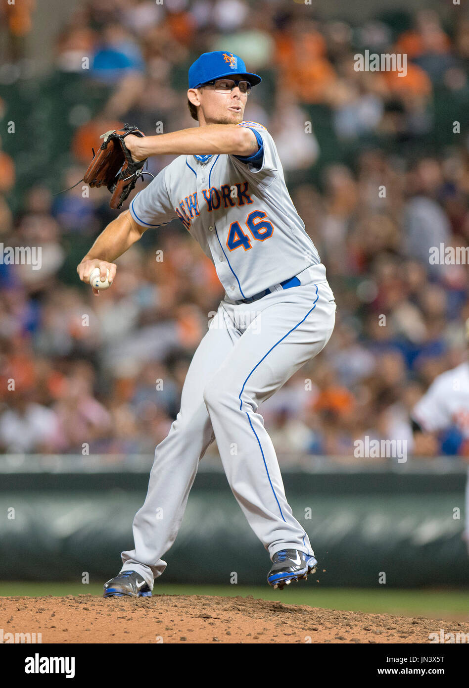 New York Mets relief pitcher Tyler Clippard (46) works in the ninth inning against the Baltimore ...