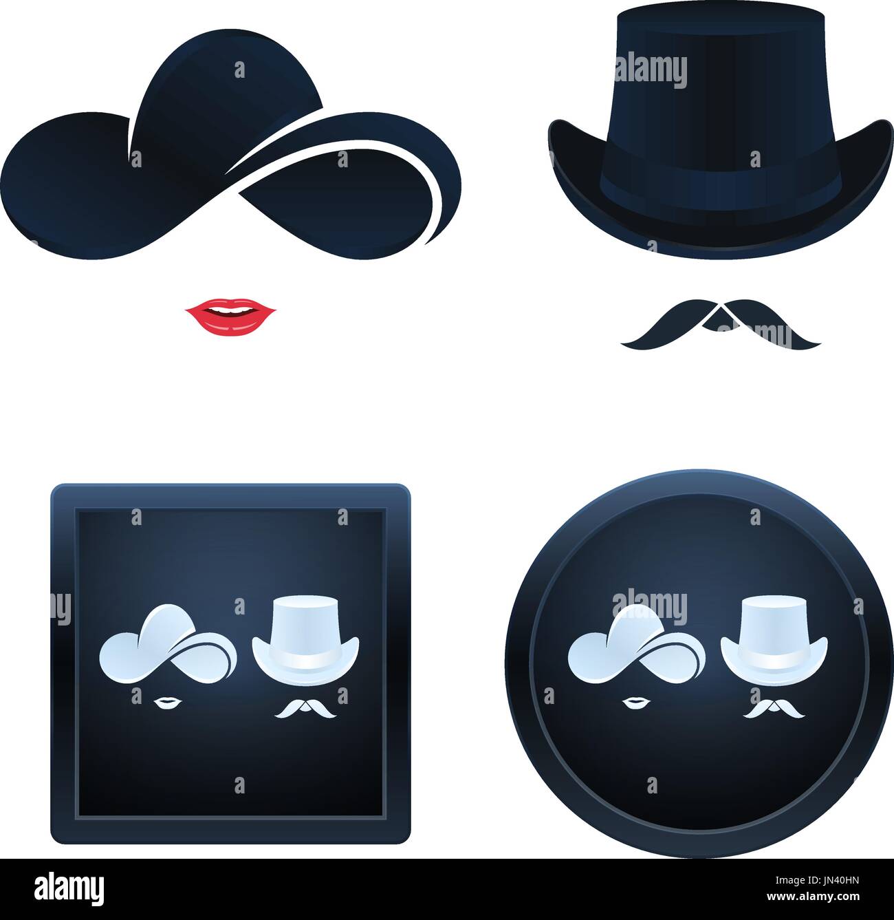 Simple and button shape lady and gentleman icons on white background ...