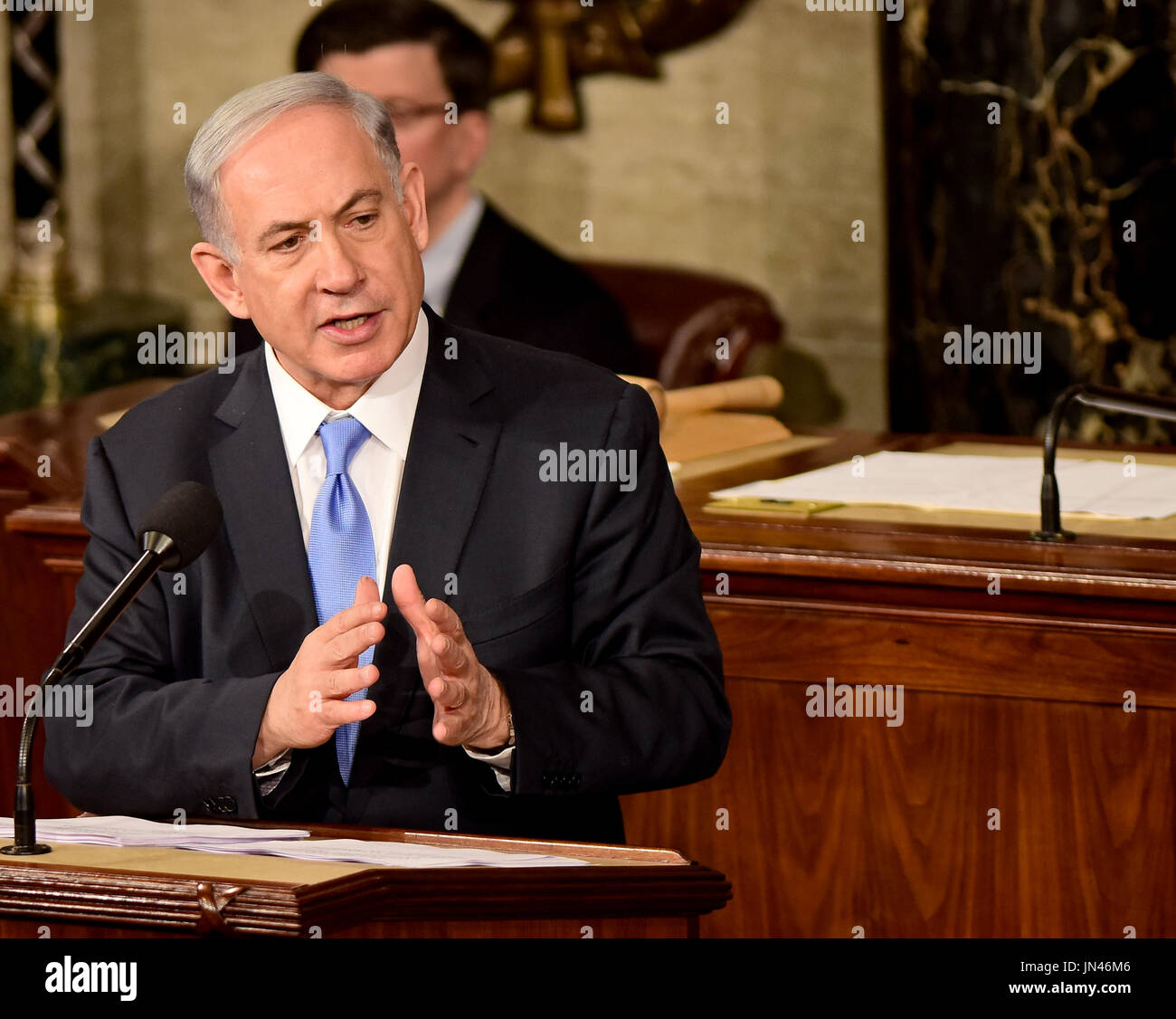 Prime Minister Benjamin Netanyahu of Israel delivers an address to a ...