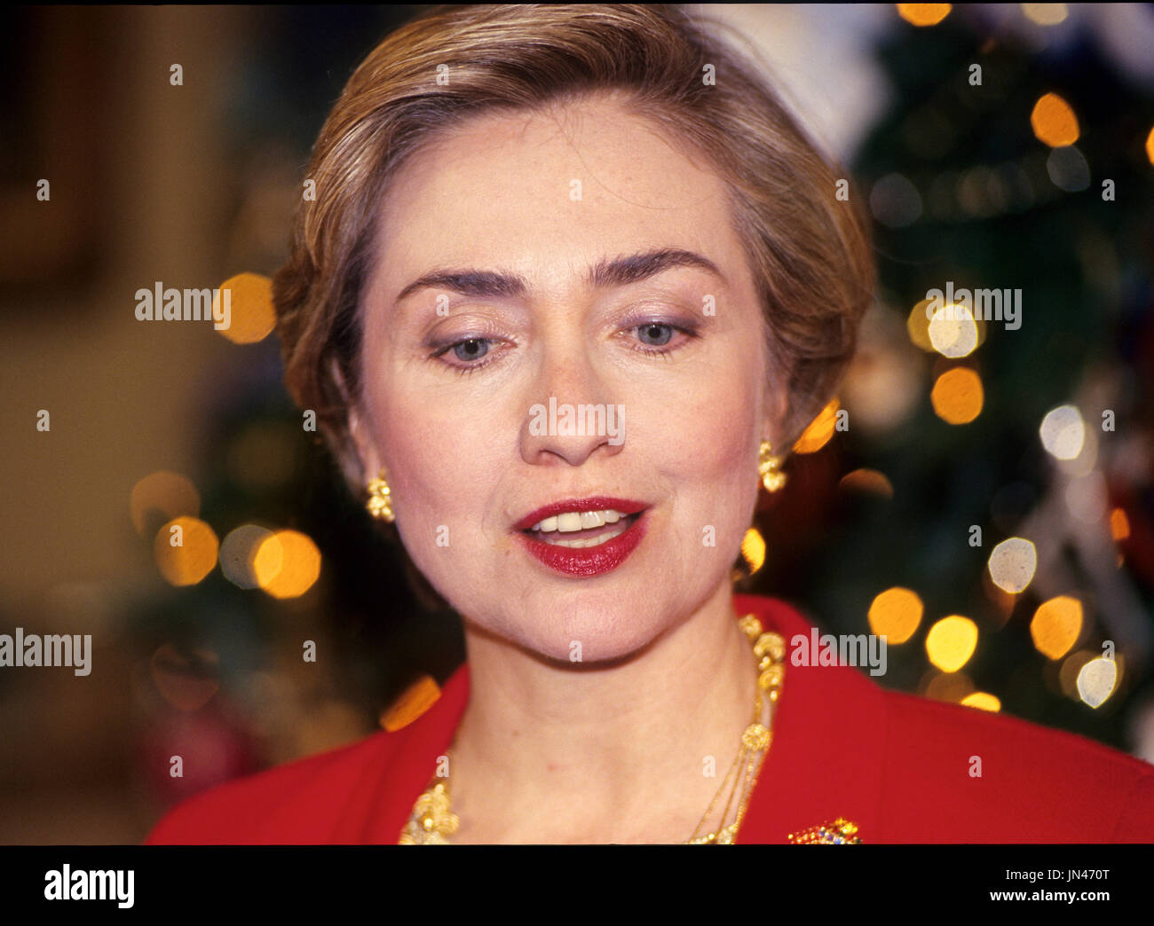 First lady Hillary Rodham Clinton makes remarks in the Blue Room as she ...