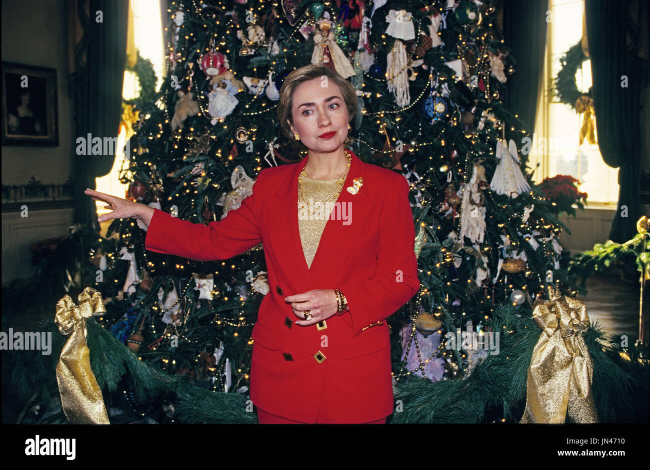 First lady Hillary Rodham Clinton makes remarks in the Blue Room as she ...