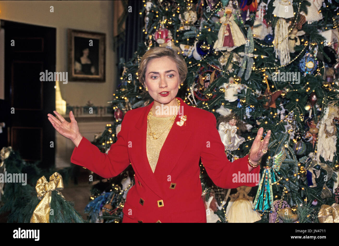 First lady Hillary Rodham Clinton makes remarks in the Blue Room as she ...