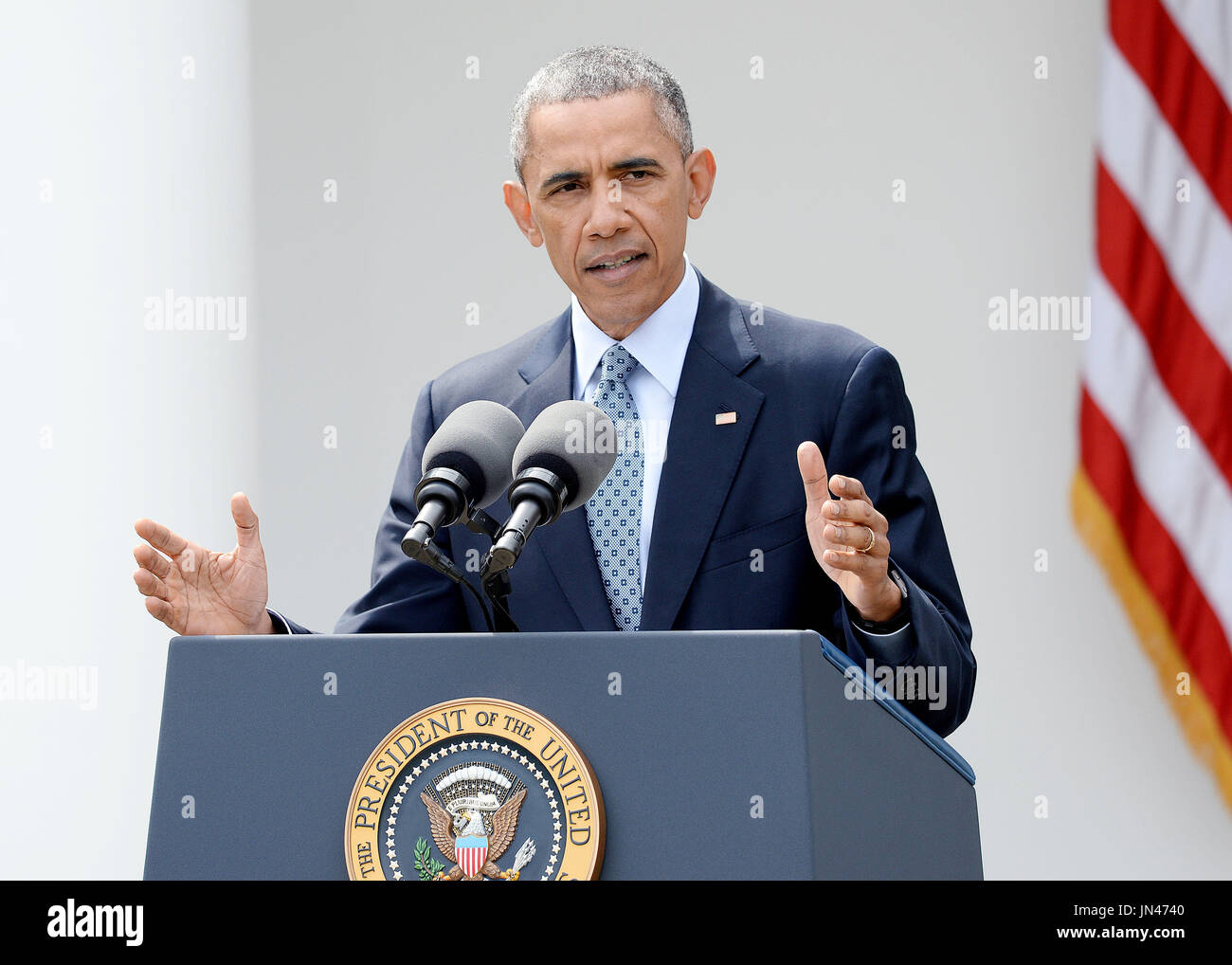 United States President Barack Obama makes a statement after it was ...