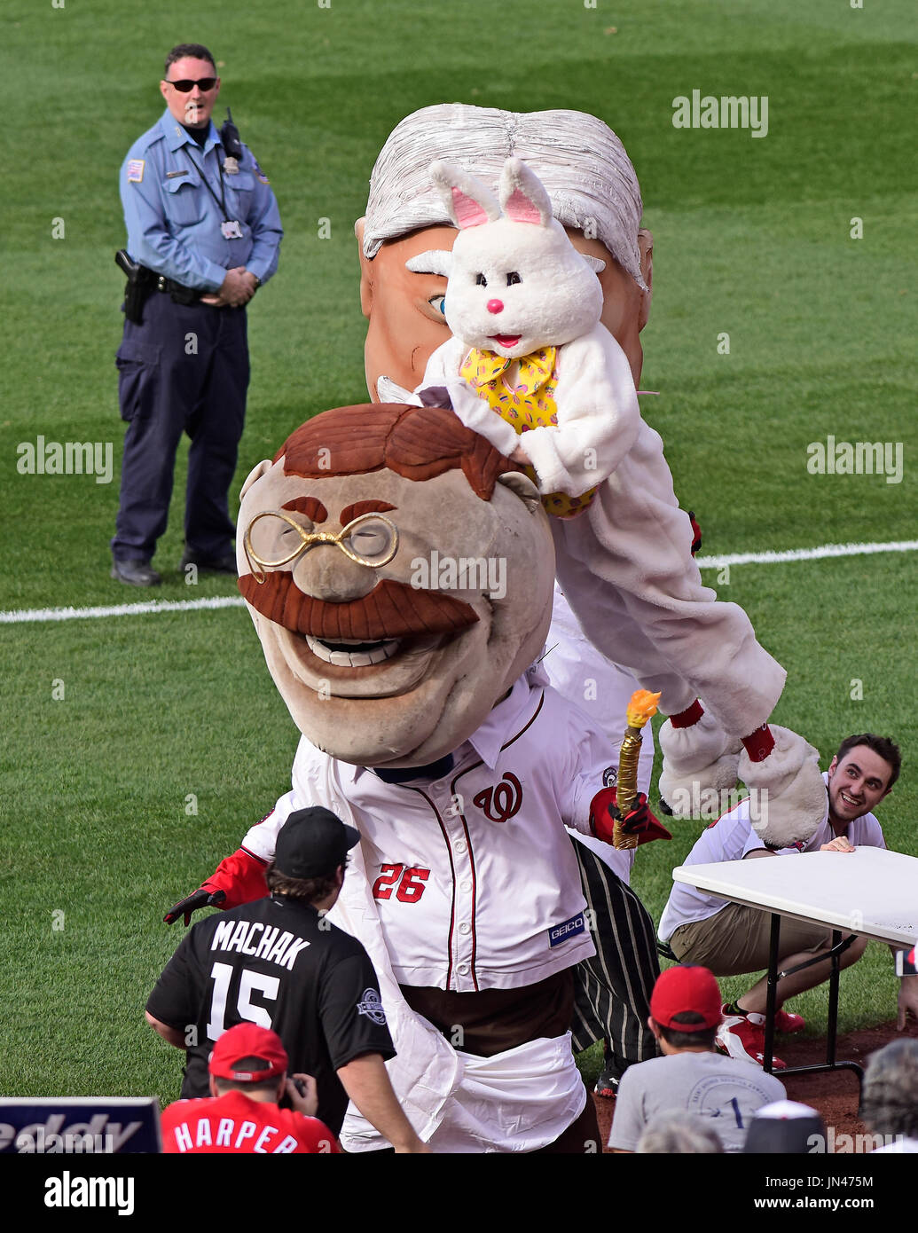 The Easter Bunny goes airborne to push over "Teddy Roosevelt" during ...