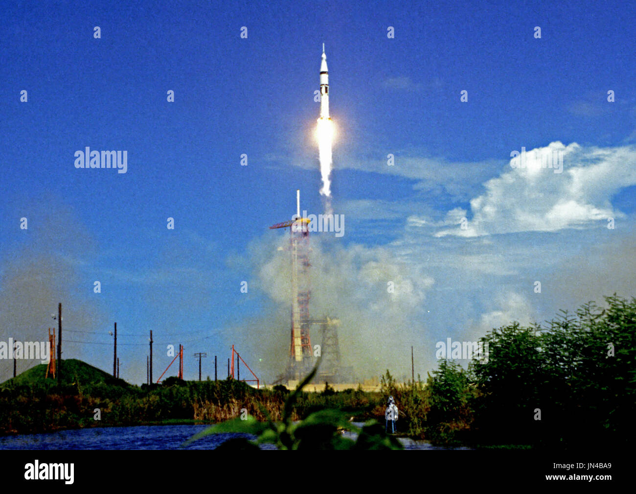 Remote camera view of the Saturn 1B rocket, with the Skylab 2 crew of Commander Charles "Pete ...