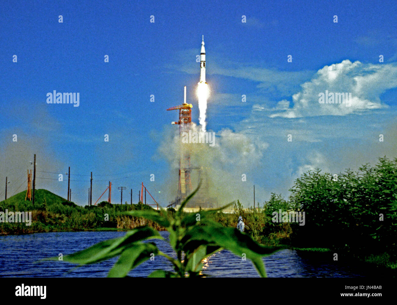Remote camera view of the Saturn 1B rocket, with the Skylab 2 crew of Commander Charles "Pete ...