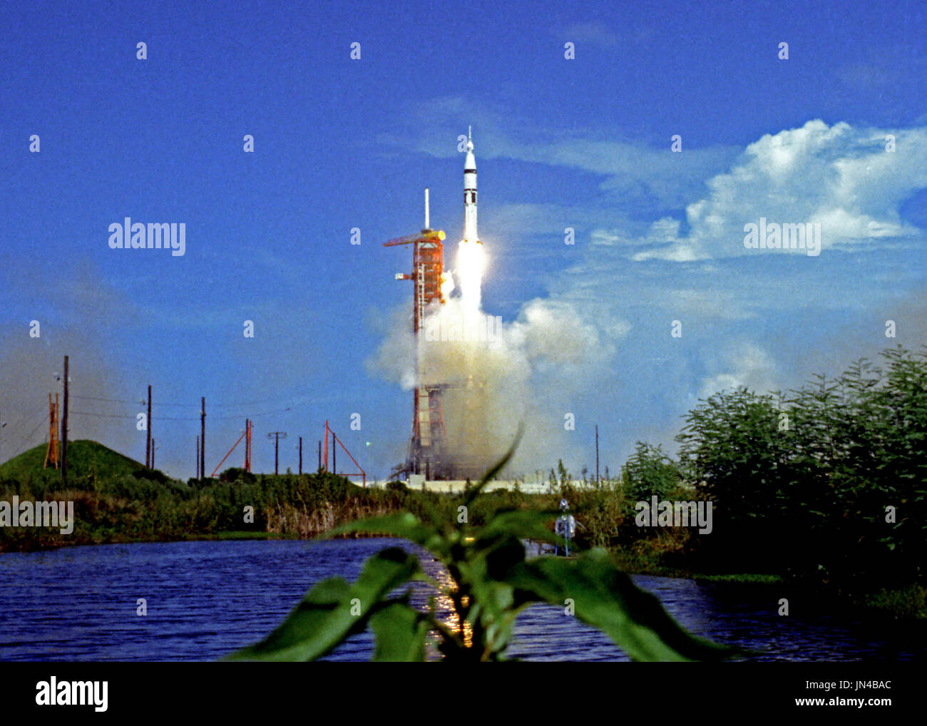 Remote camera view of the Saturn 1B rocket, with the Skylab 2 crew of Commander Charles "Pete ...