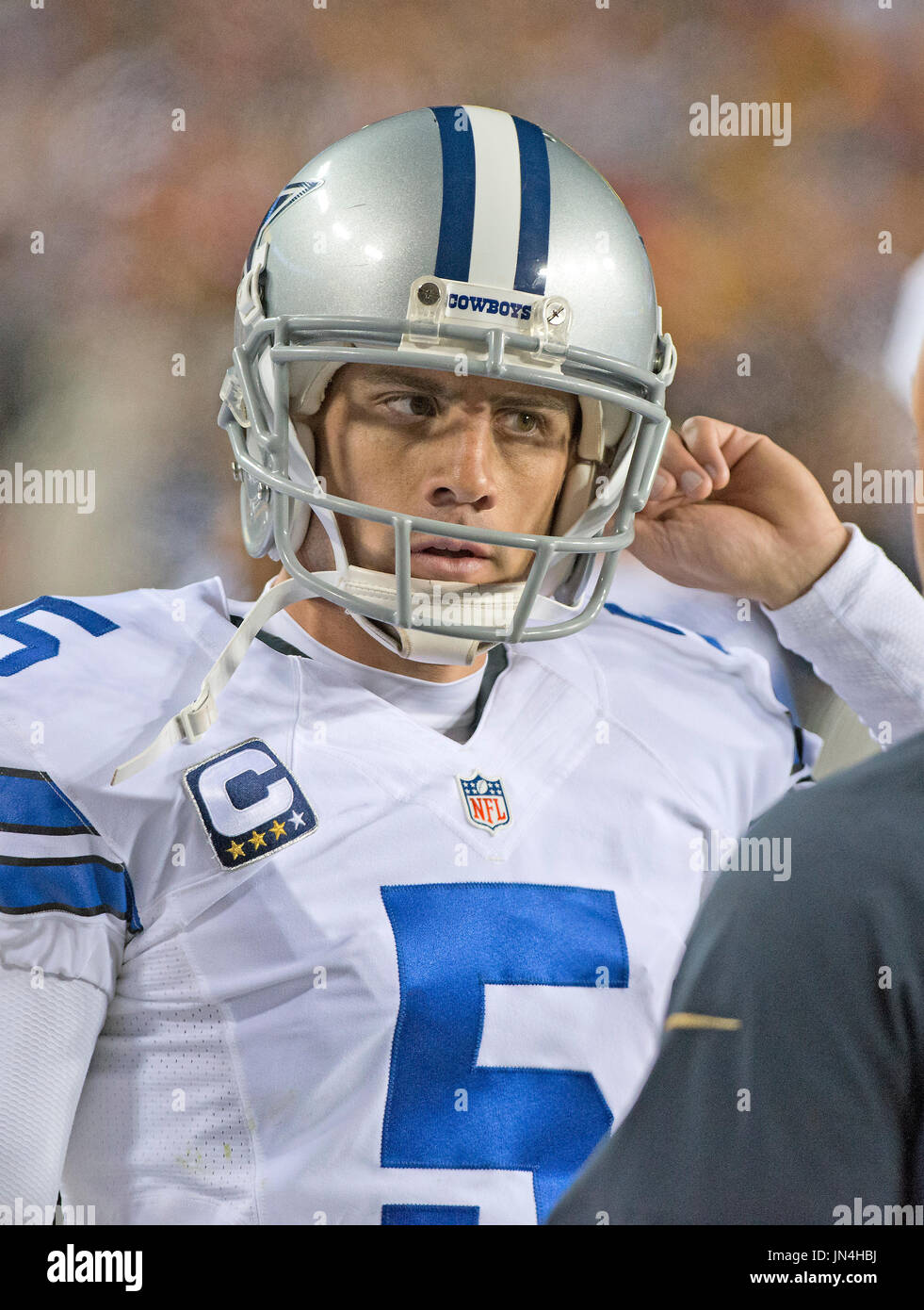 Dallas Cowboys kicker Dan Bailey (5) returns to the bench after kicking the first of his four ...