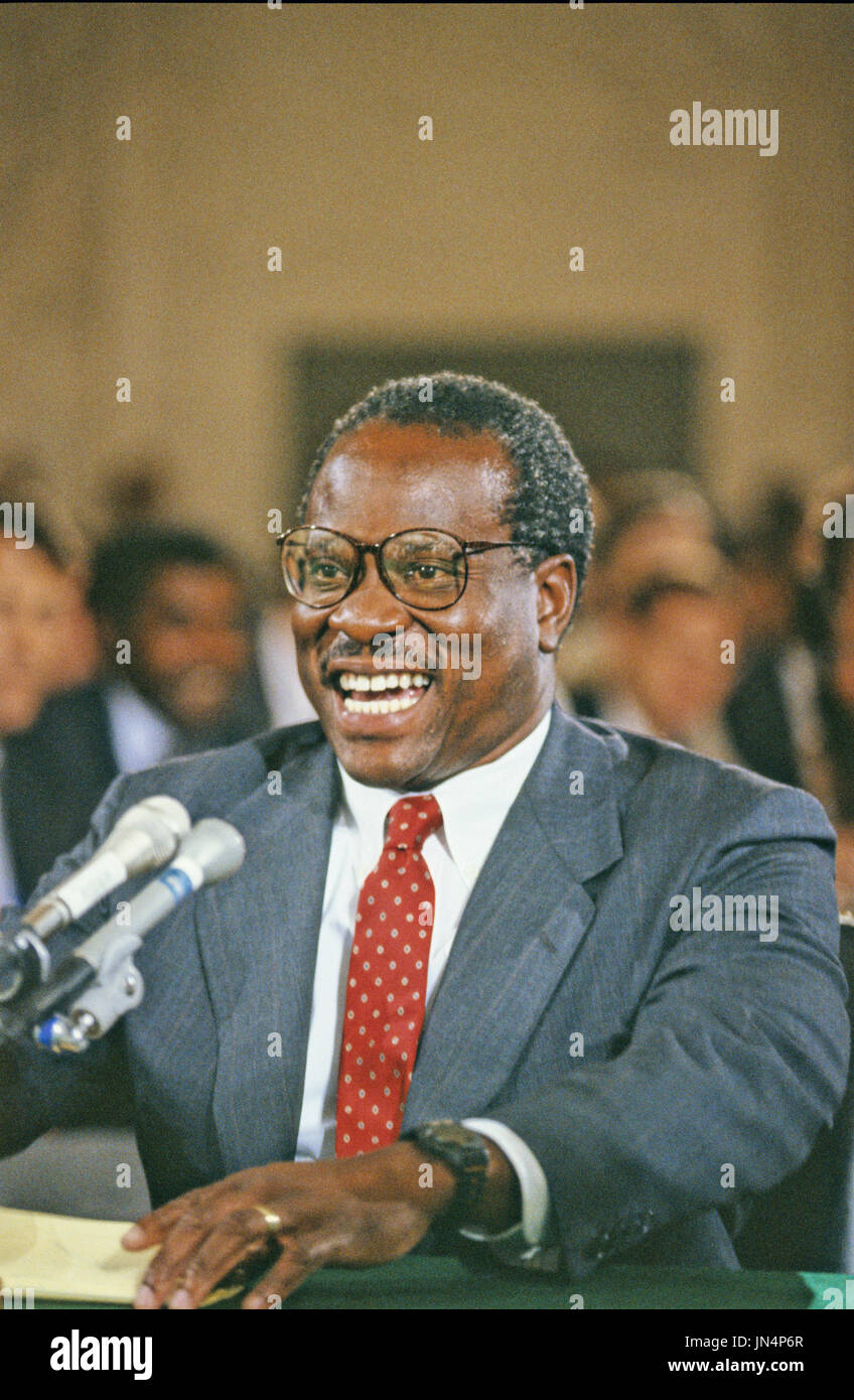 Judge Clarence Thomas testifies during the hearing before the US Senate ...