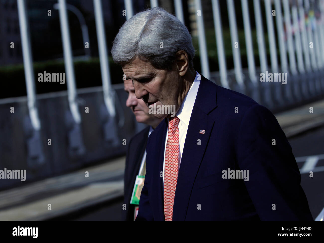 United States Secretary of State John Kerry (C) departs the United ...