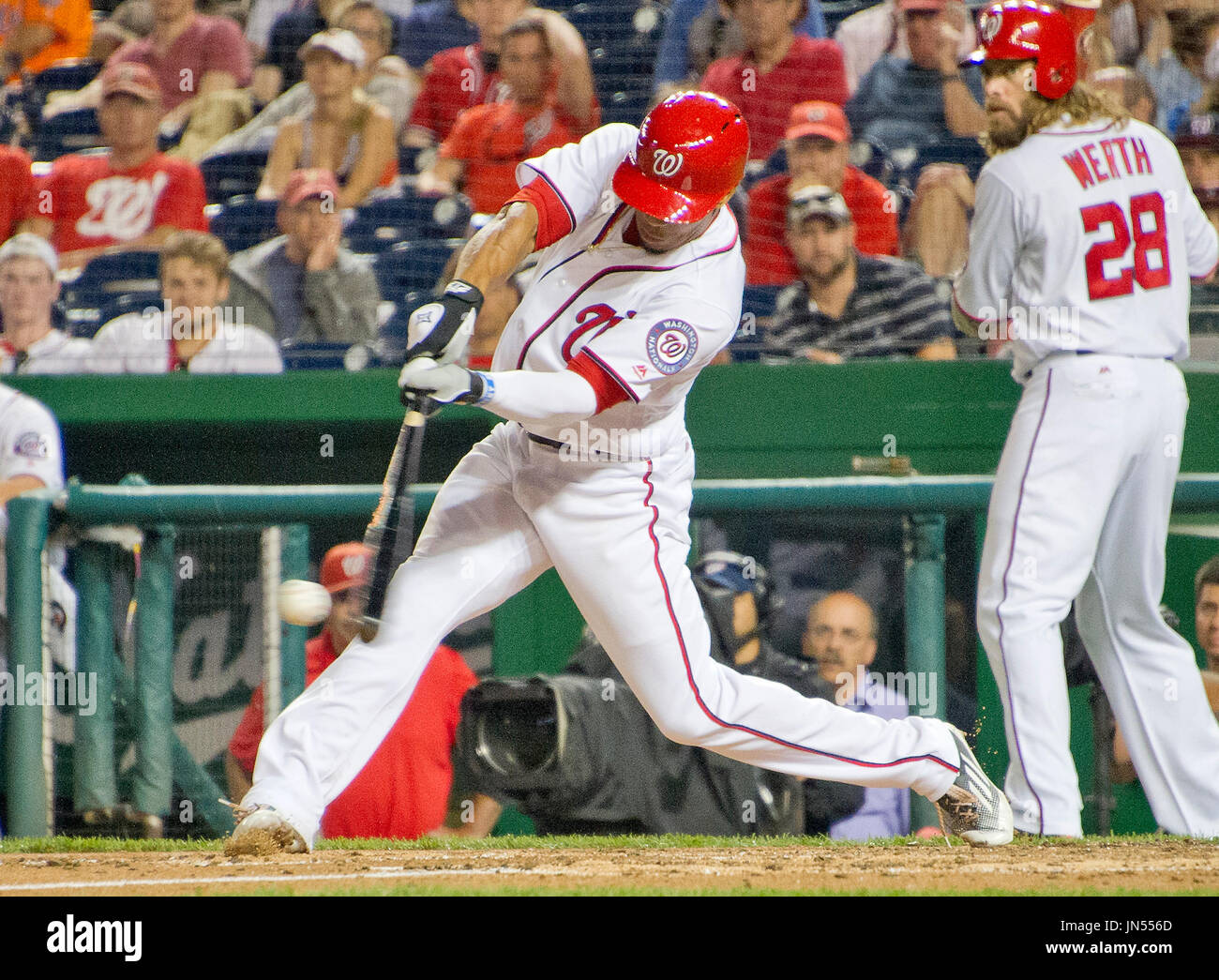 Washington Nationals center fielder Ben Revere (9) lines out in the ...
