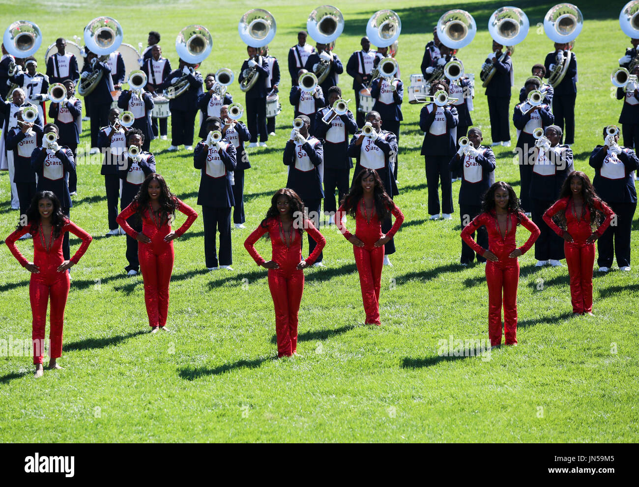 The Tennessee State Marching Band performs on the South Lawn of the ...