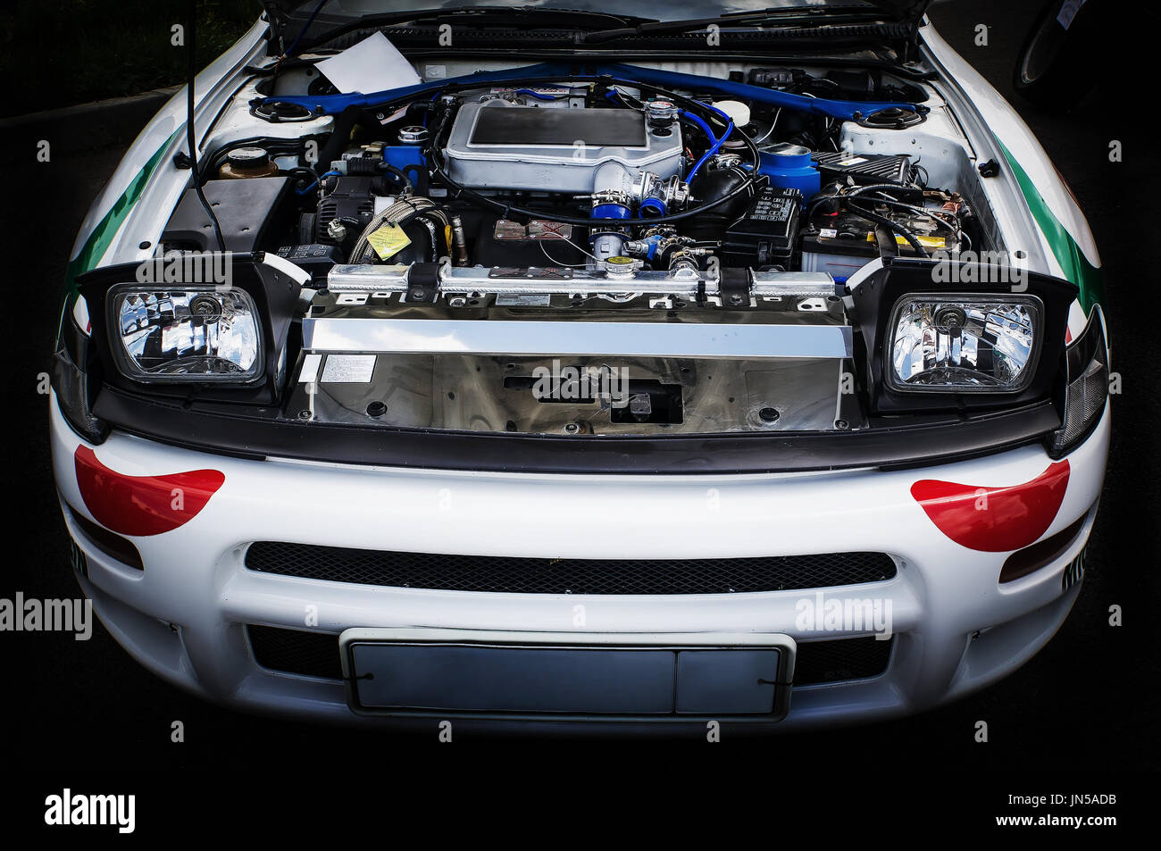 Close up detail of new car engine. Open the hood of the car with a ...