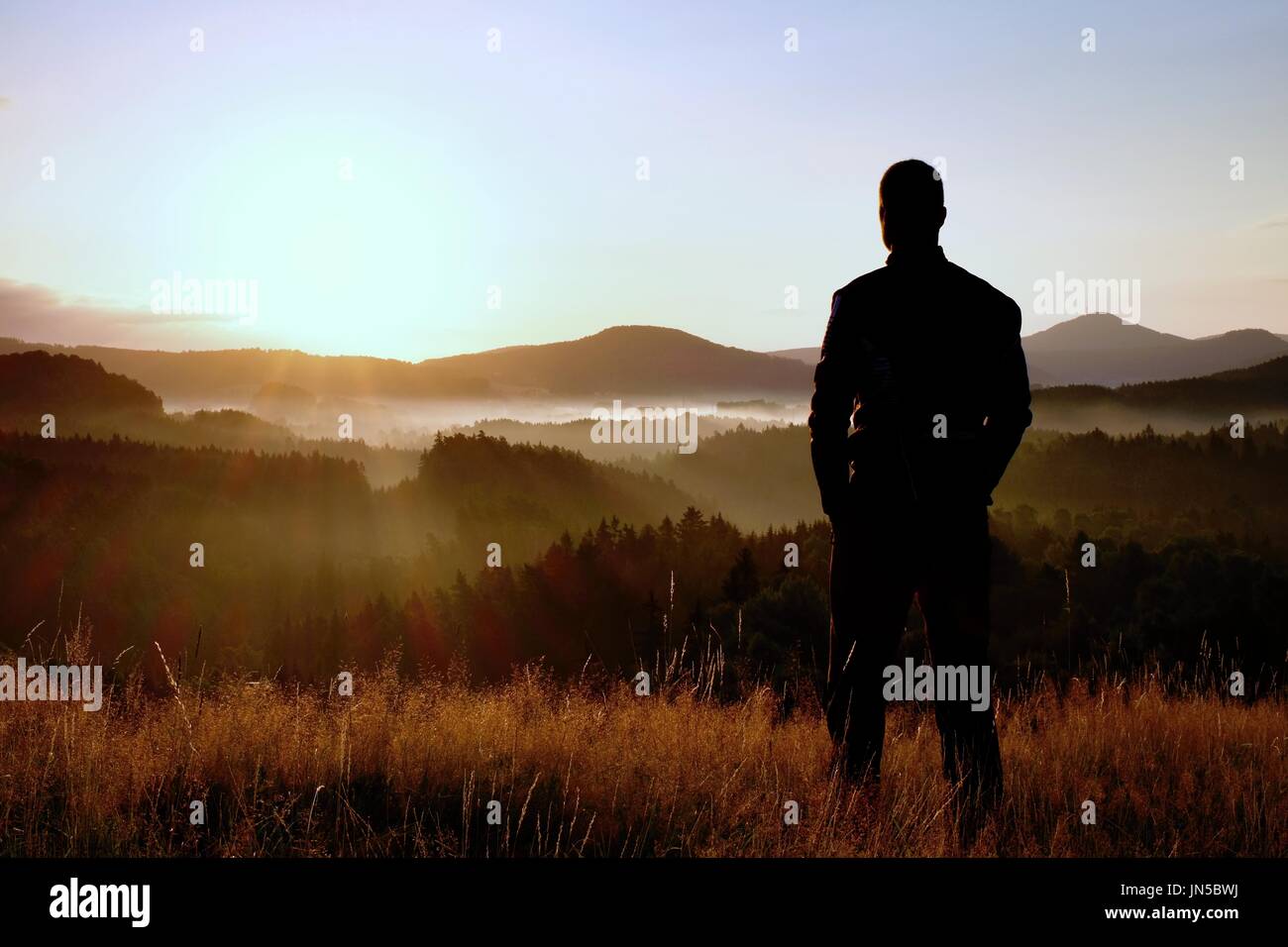 Tall hiker stand on meadow with golden stalks of grass and watch over ...