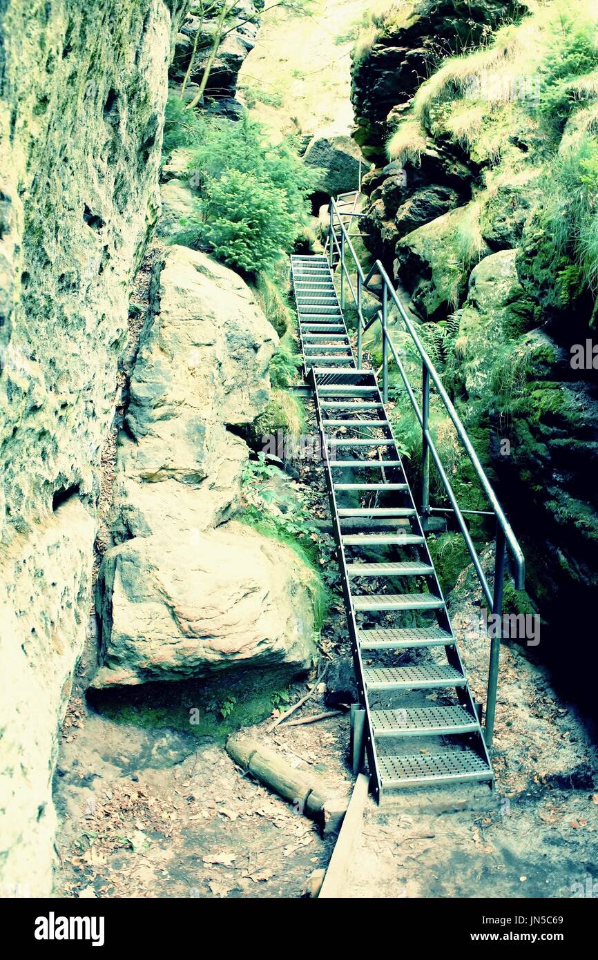 Ladder stair climbing on mountain Stock Photo - Alamy