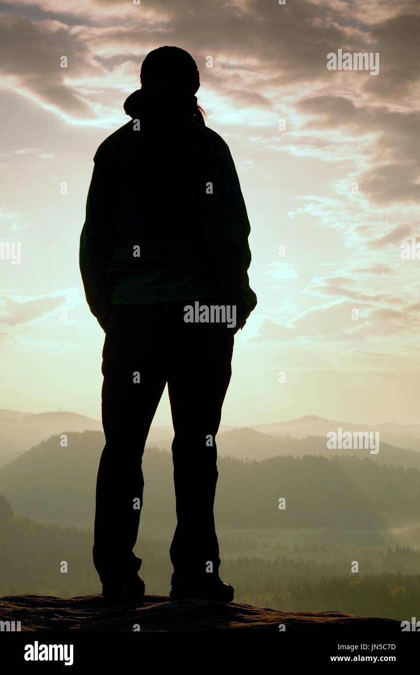 Hiker stand on the sharp corner of sandstone rock in rock empires park ...