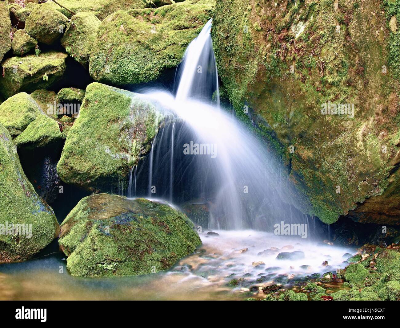 Weir in mountain stream. Colorful leaves on stones into water. Mossy ...