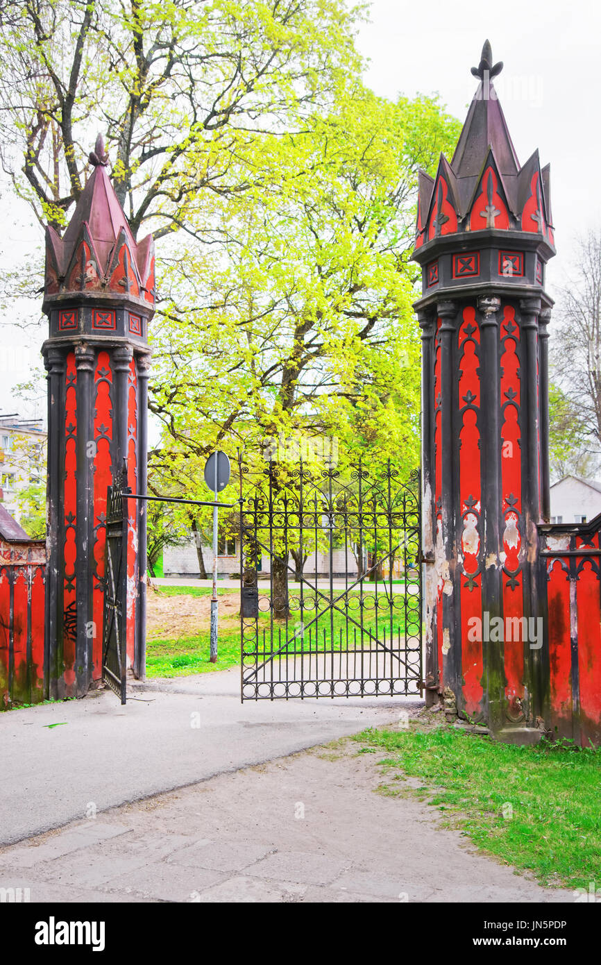 Entrance gate in Traku Voke public park in Vilnius, Lithuania, Baltic ...