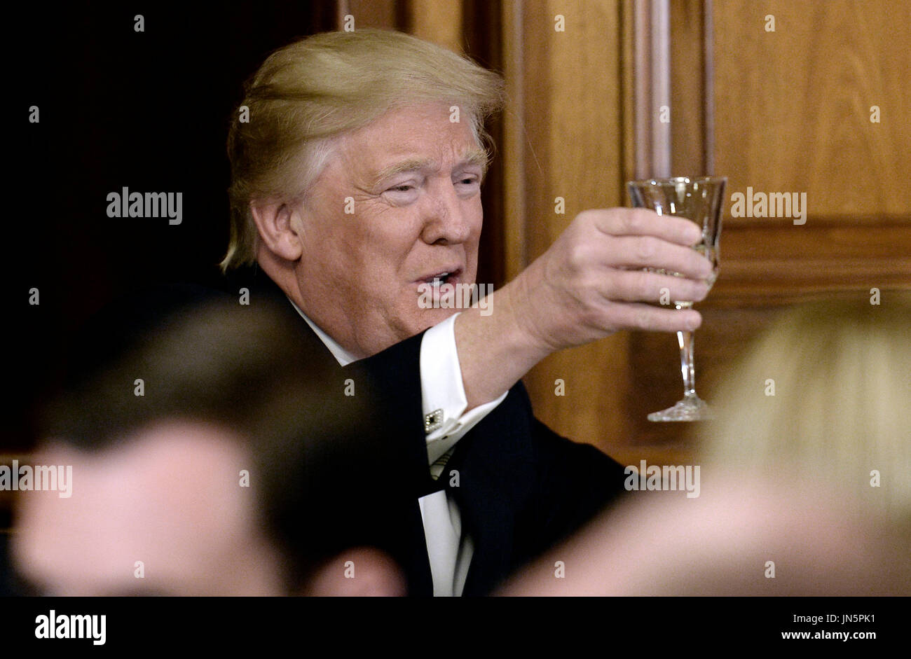 United States President Donald J. Trump gives a toast during the ...