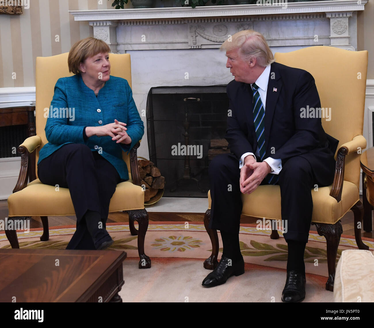 German Chancellor Angela Merkel (L) meets with U.S. President Donald ...