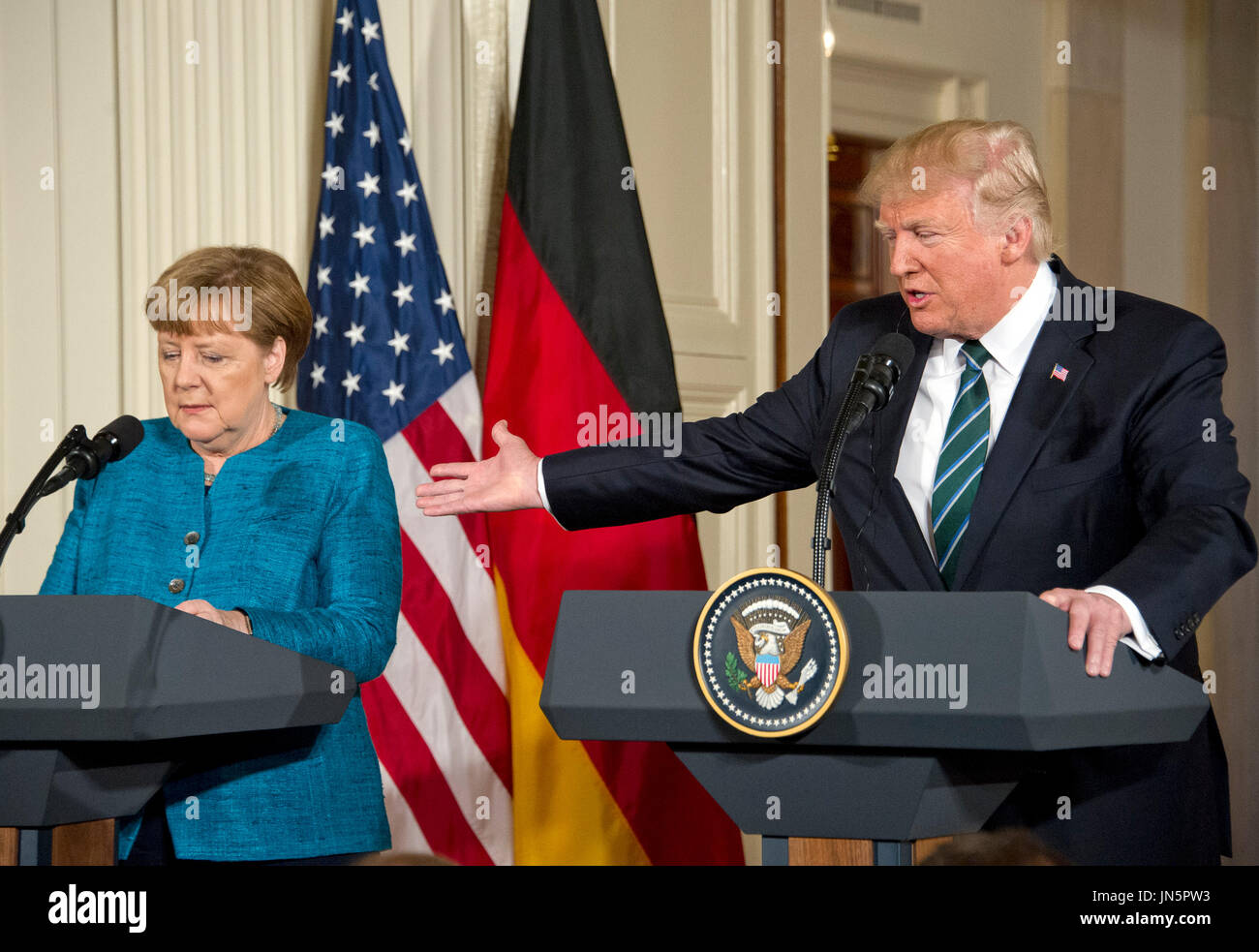 United States President Donald J. Trump answers a German reporter's ...