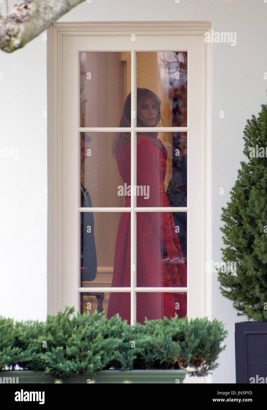 First lady Melania Trump looks out the window of the Oval Office prior ...