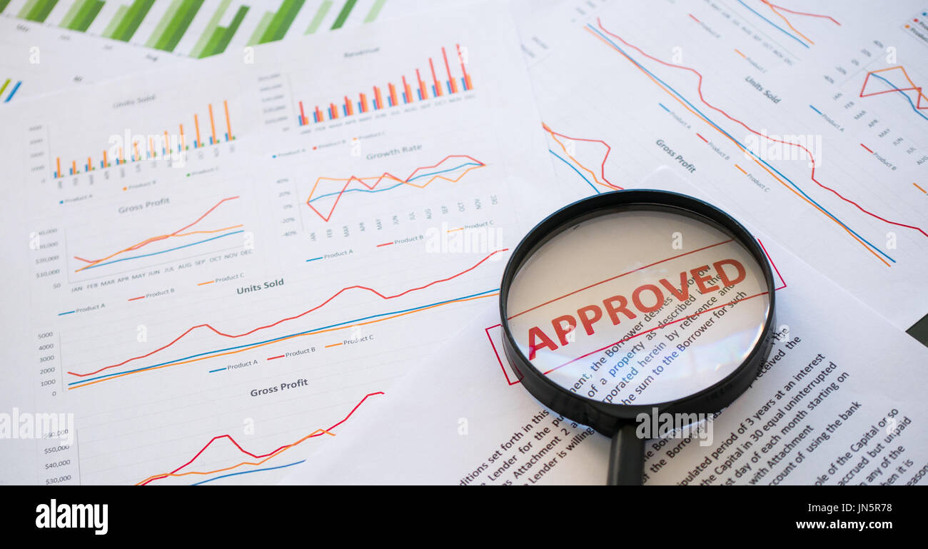 Business report with Magnifying Glass on red approved in business or ...