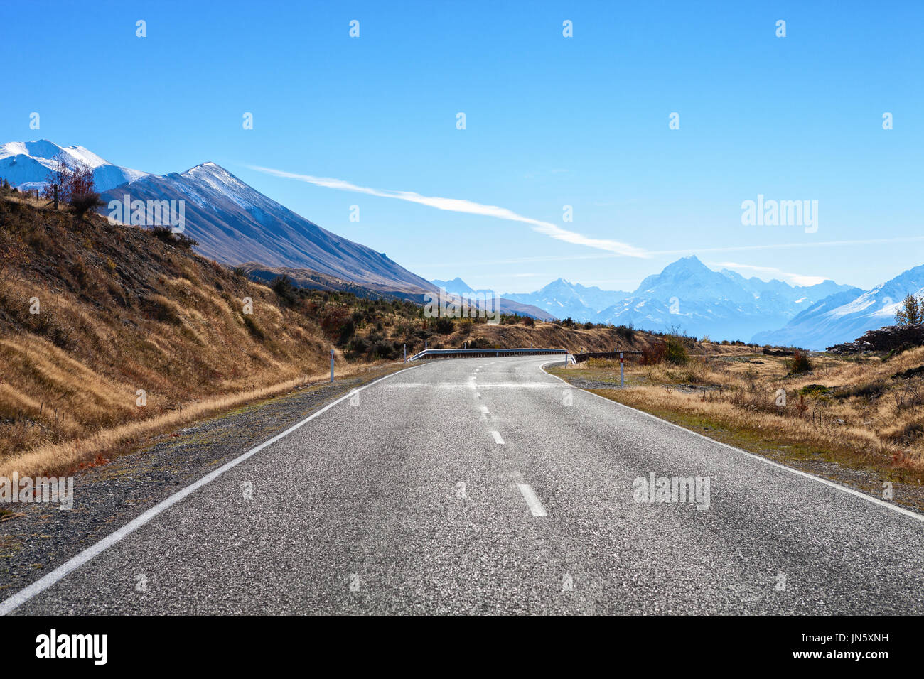 Road to Mount Cook National Park, South Island, New Zealand Stock Photo ...
