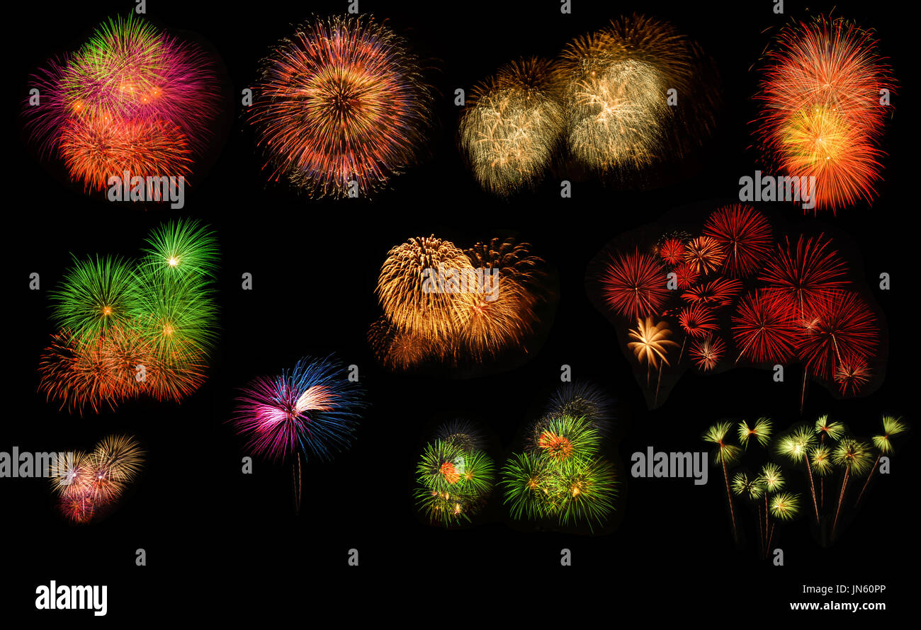 Collection of realistic colorful fireworks sparking on solid black ...