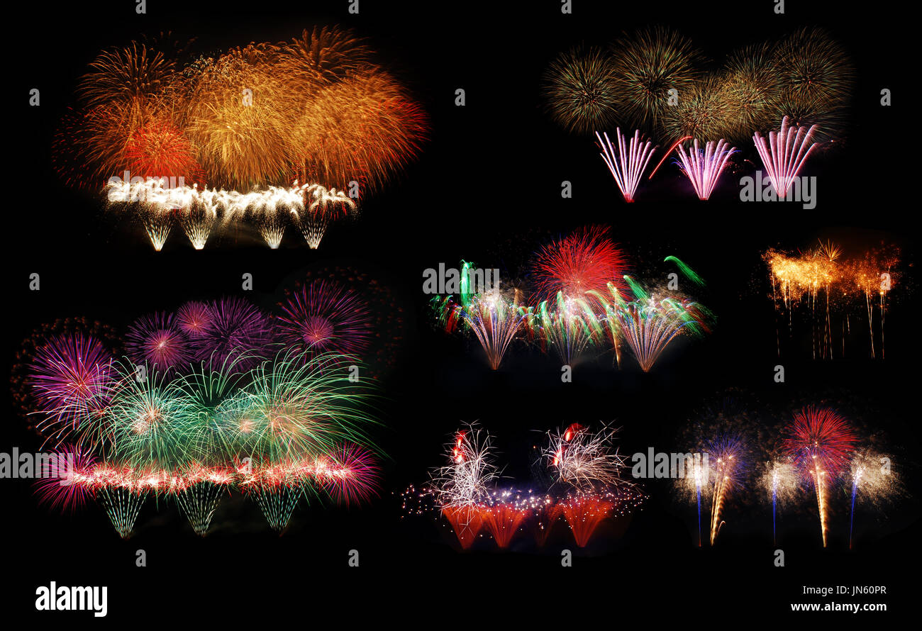 Collection of realistic colorful fireworks sparking on solid black ...