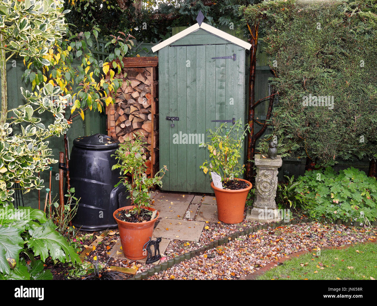 English back garden in Autumn with shed and log store Stock Photo - Alamy