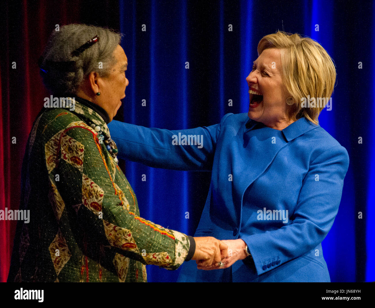 Democratic Presidential candidate Hillary Clinton, right, is welcomed ...