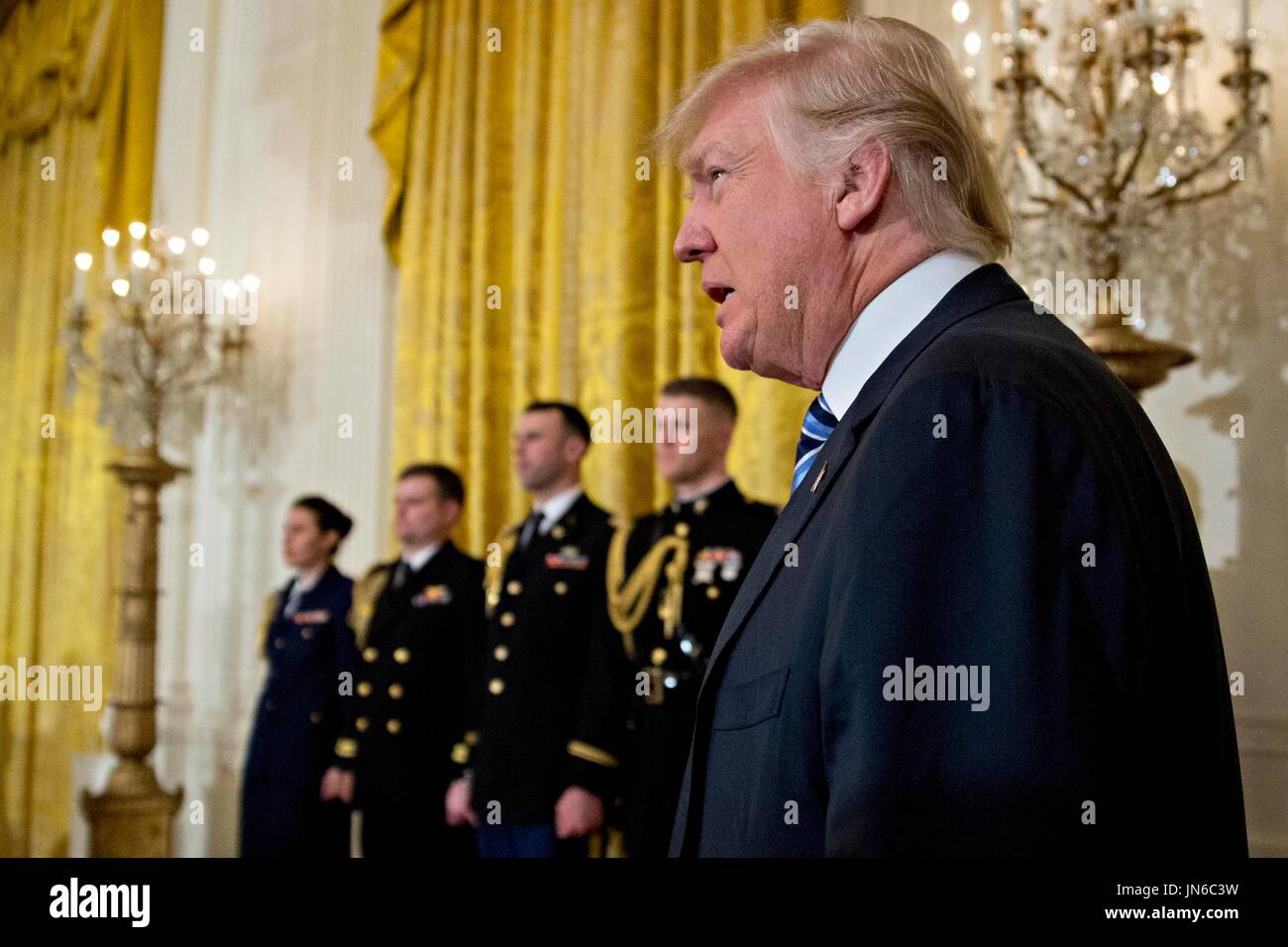 United States President Donald Trump arrives to a swearing in ceremony ...
