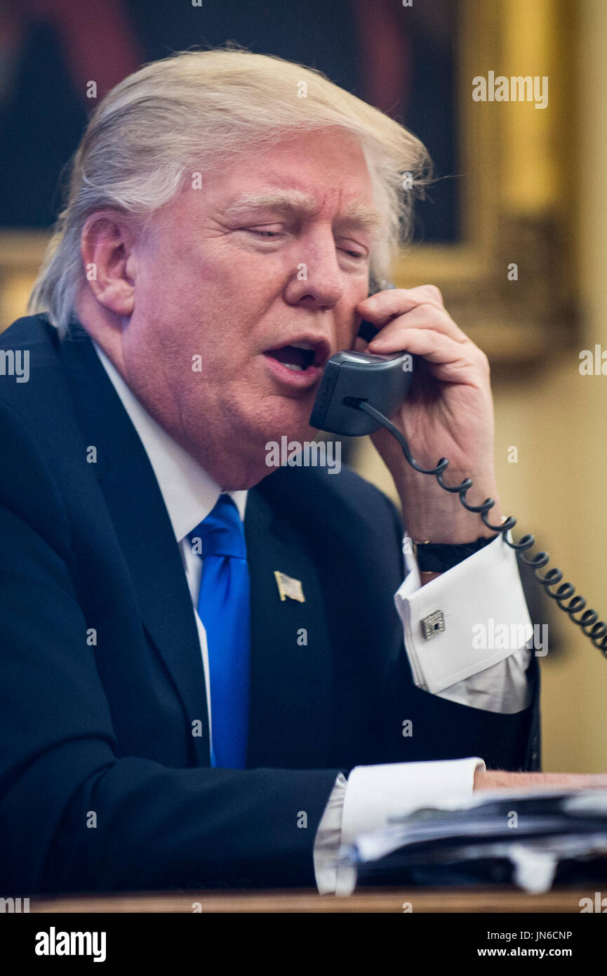 United States President Donald Trump speaks on the phone with Prime ...