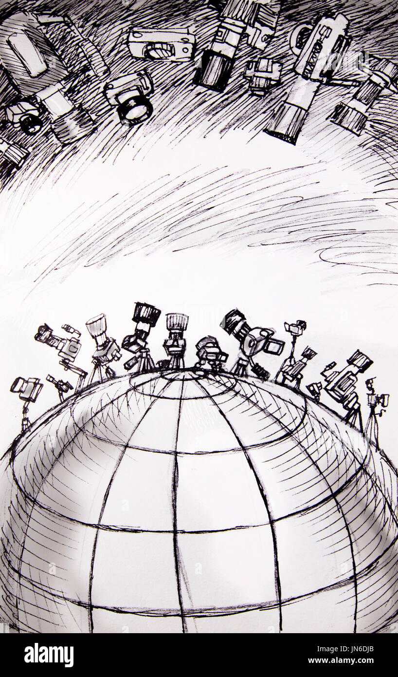 Illustration Of many Cameras on the globe Capturing sky and vice versa ...