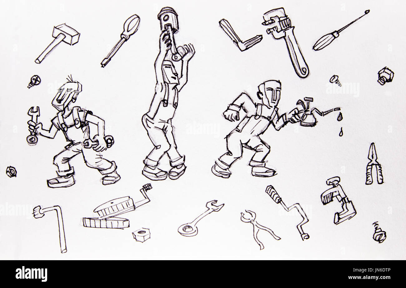 cartoon mechanic set illustration over white Stock Photo - Alamy