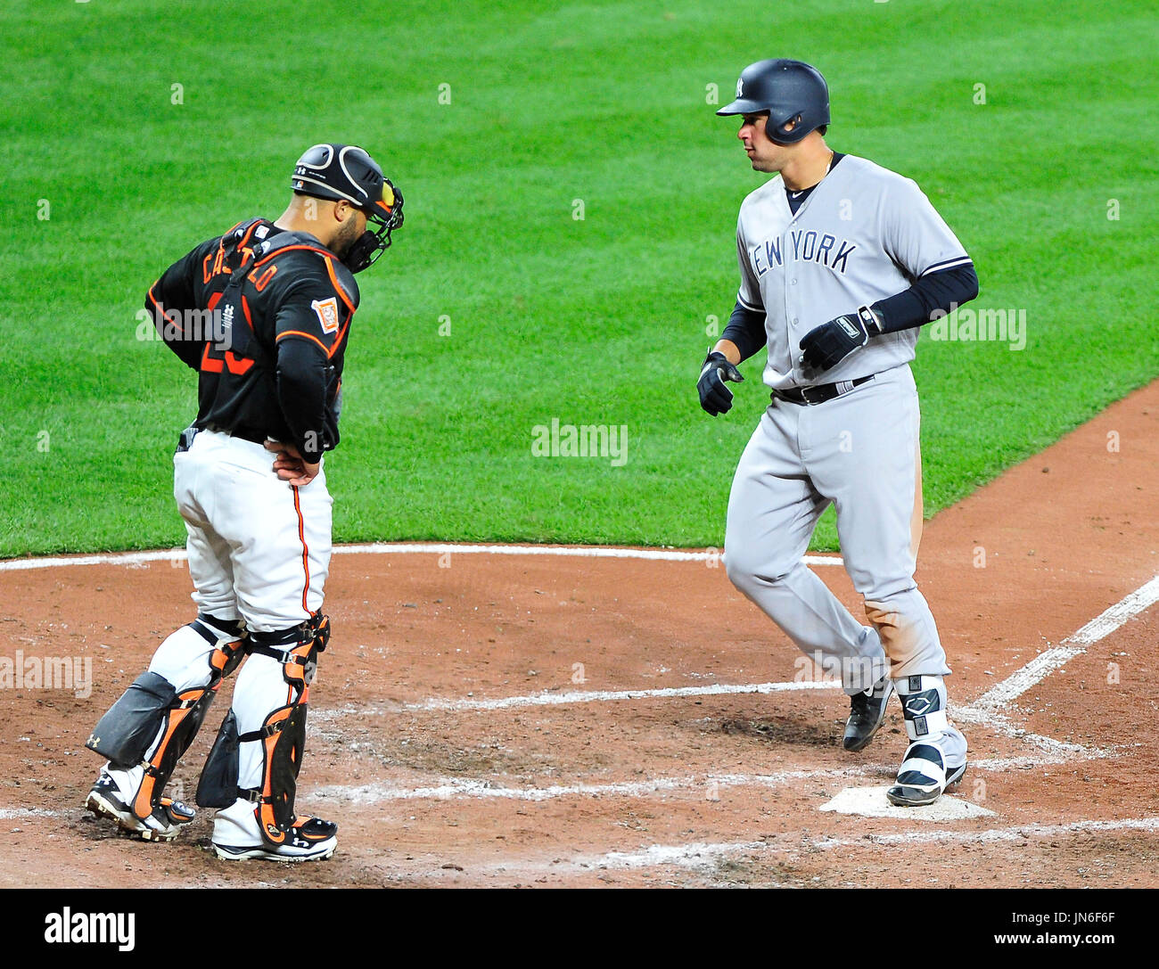New York Yankees catcher Gary Sanchez (24) scores after connecting for ...