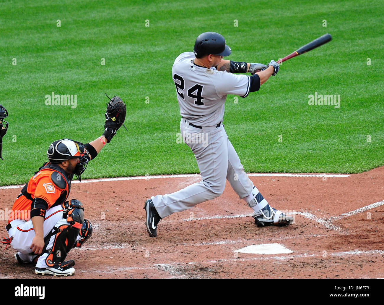 New York Yankees catcher Gary Sanchez (24) swings the bat in the top of ...