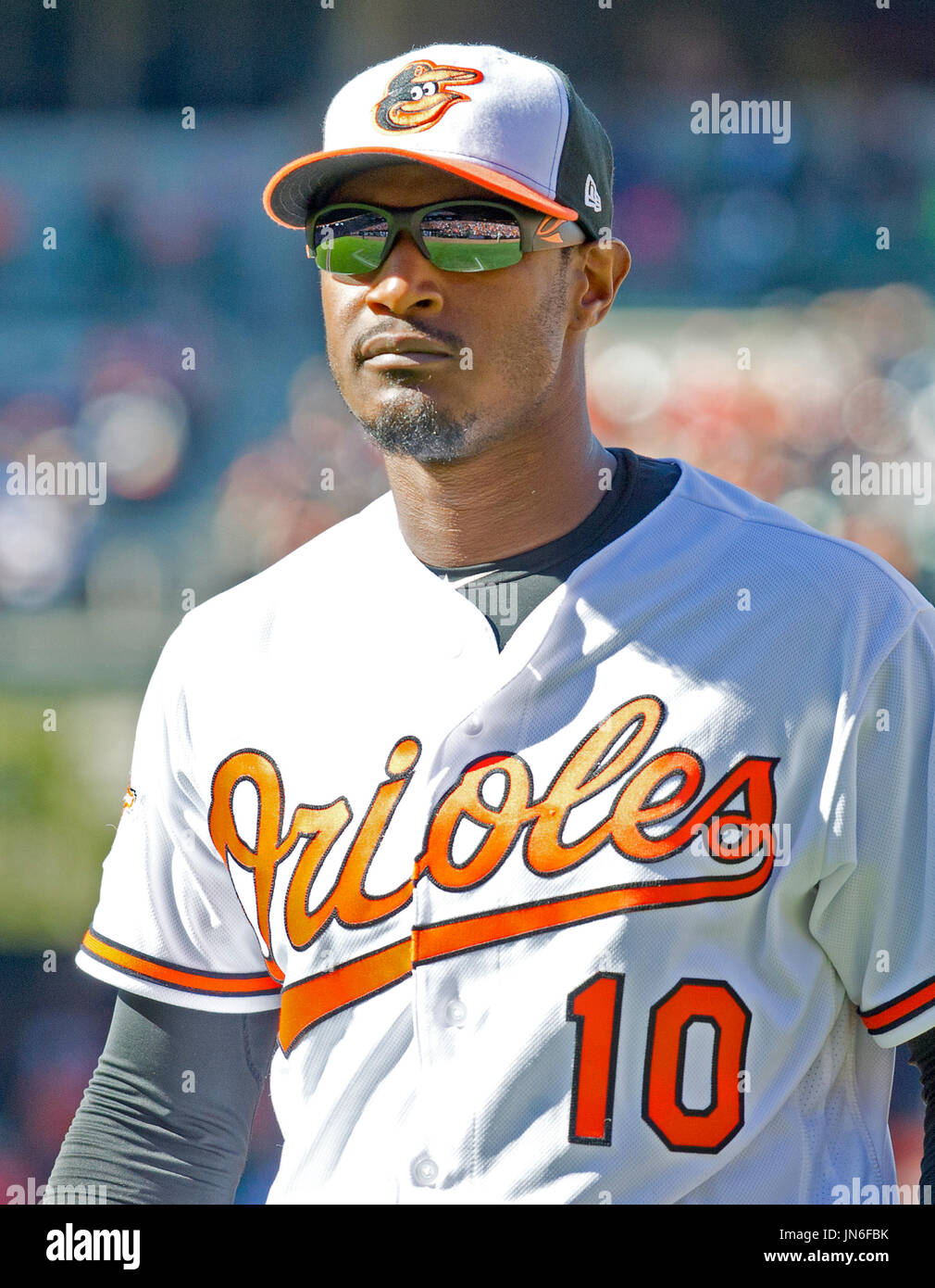 Baltimore Orioles center fielder Adam Jones (10) returns to the dugout ...