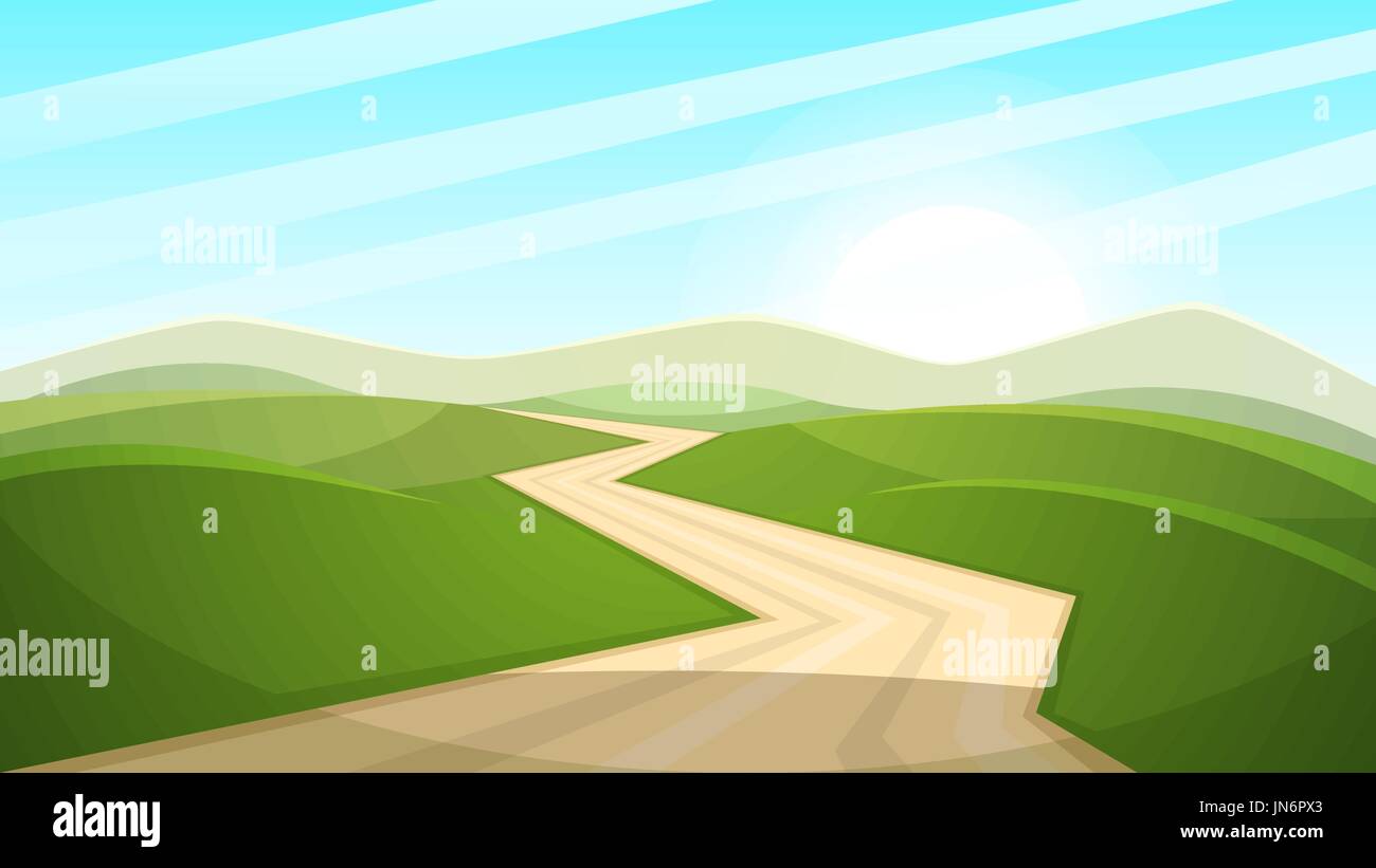Cartoon landscape illustration. Sun. road, cloud, hill Stock Vector ...
