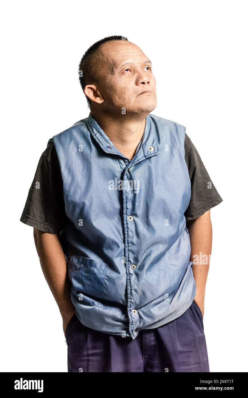Portrait of a senior asian man thinking. Isolated on white background ...