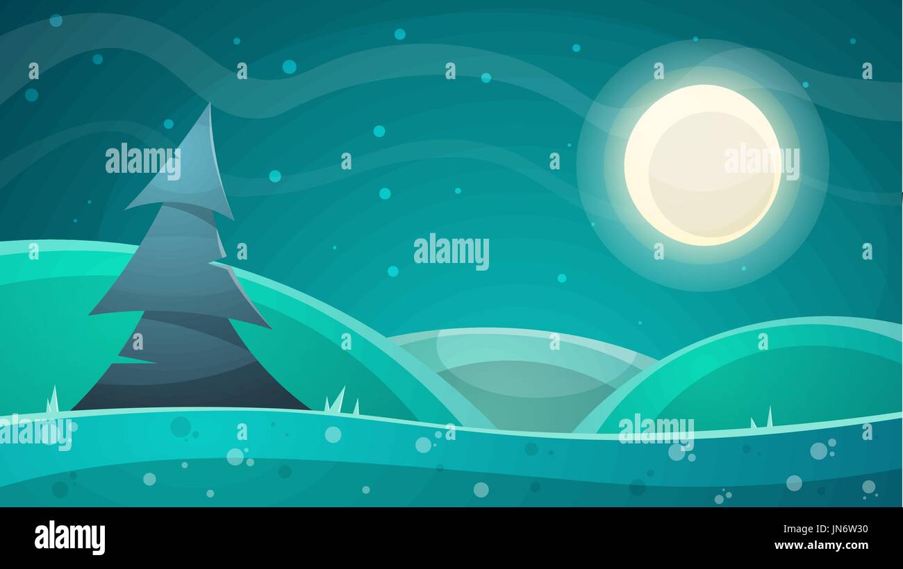 Cartoon night landscape. Fir, moon illustration Stock Vector Image ...