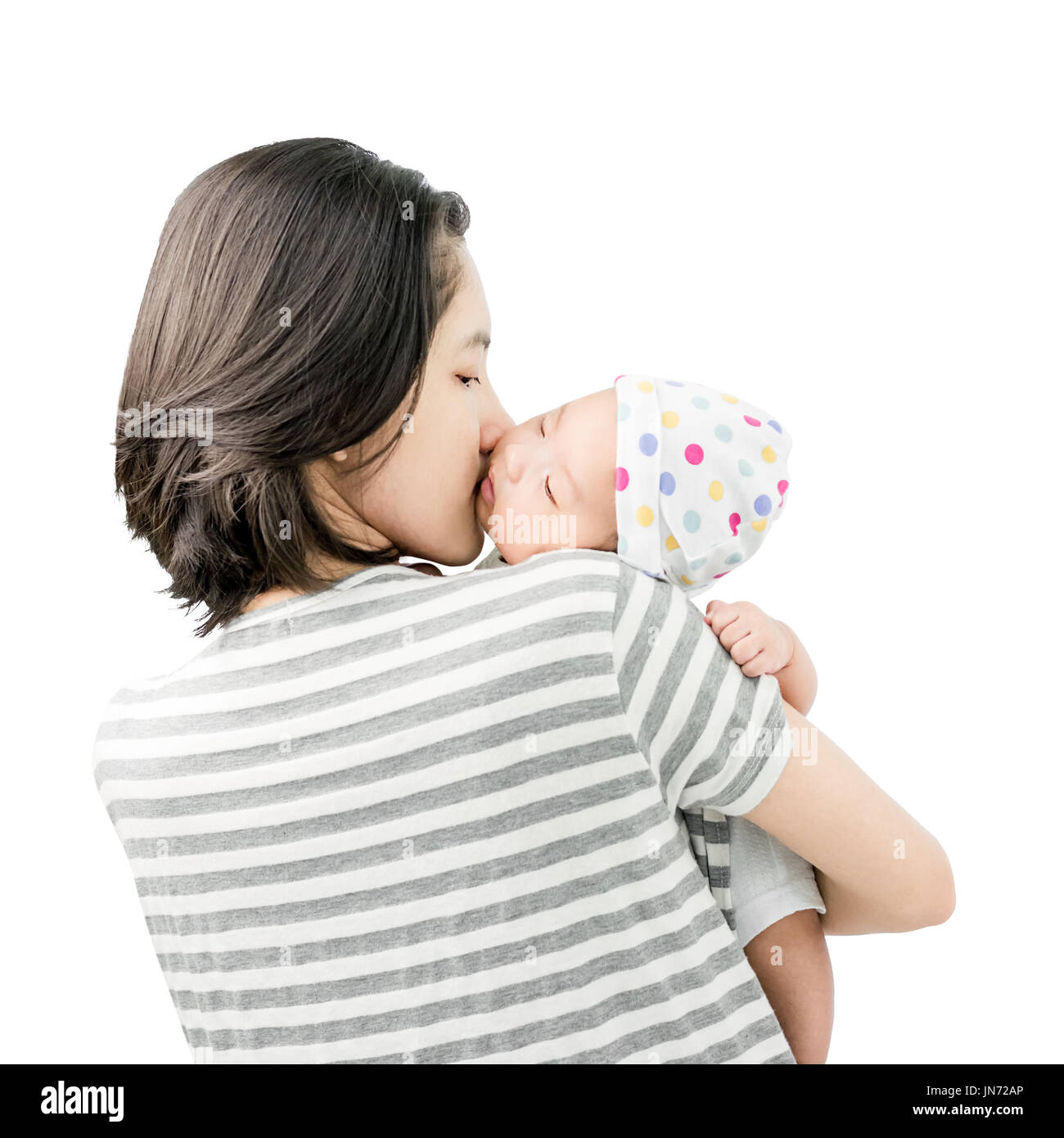 Portrait of a mother hugging her baby in hands and looking to her baby ...